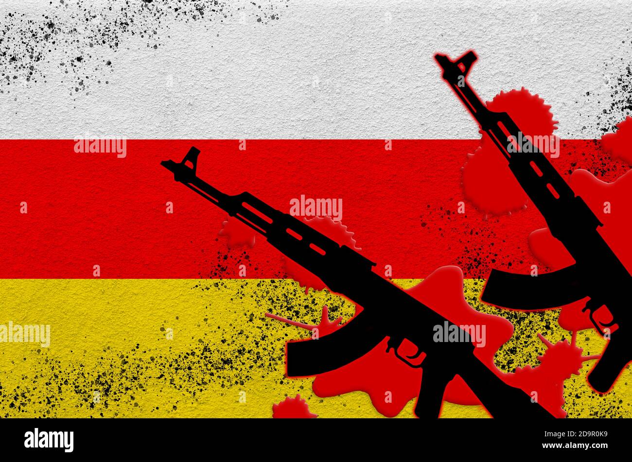 South Ossetia flag and two black AK-47 rifles in red blood. Concept for ...