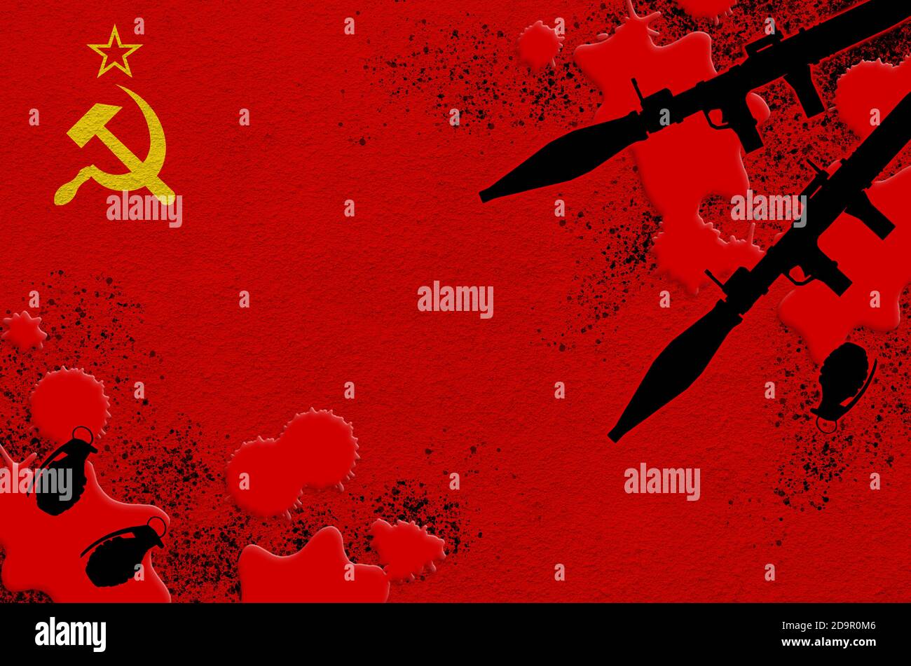 Soviet Union flag and rocket launchers with grenades in blood. Concept ...