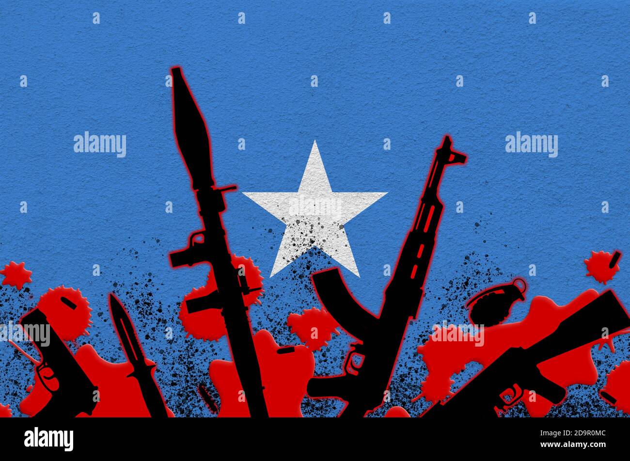 Somalia flag and various weapons in red blood. Concept for terror ...