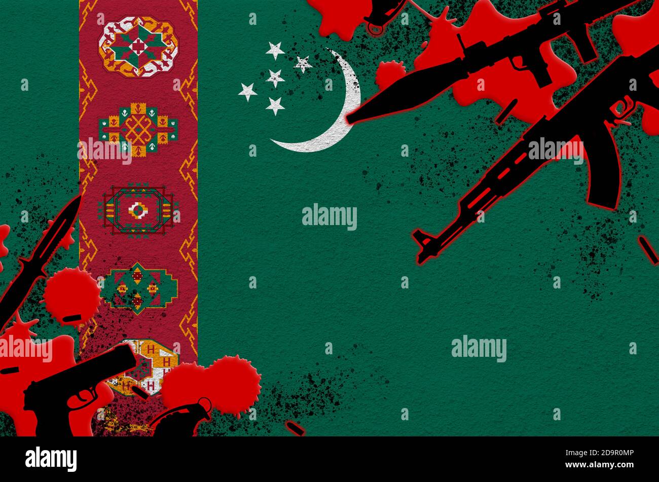 Turkmenistan flag and various weapons in red blood. Concept for terror ...