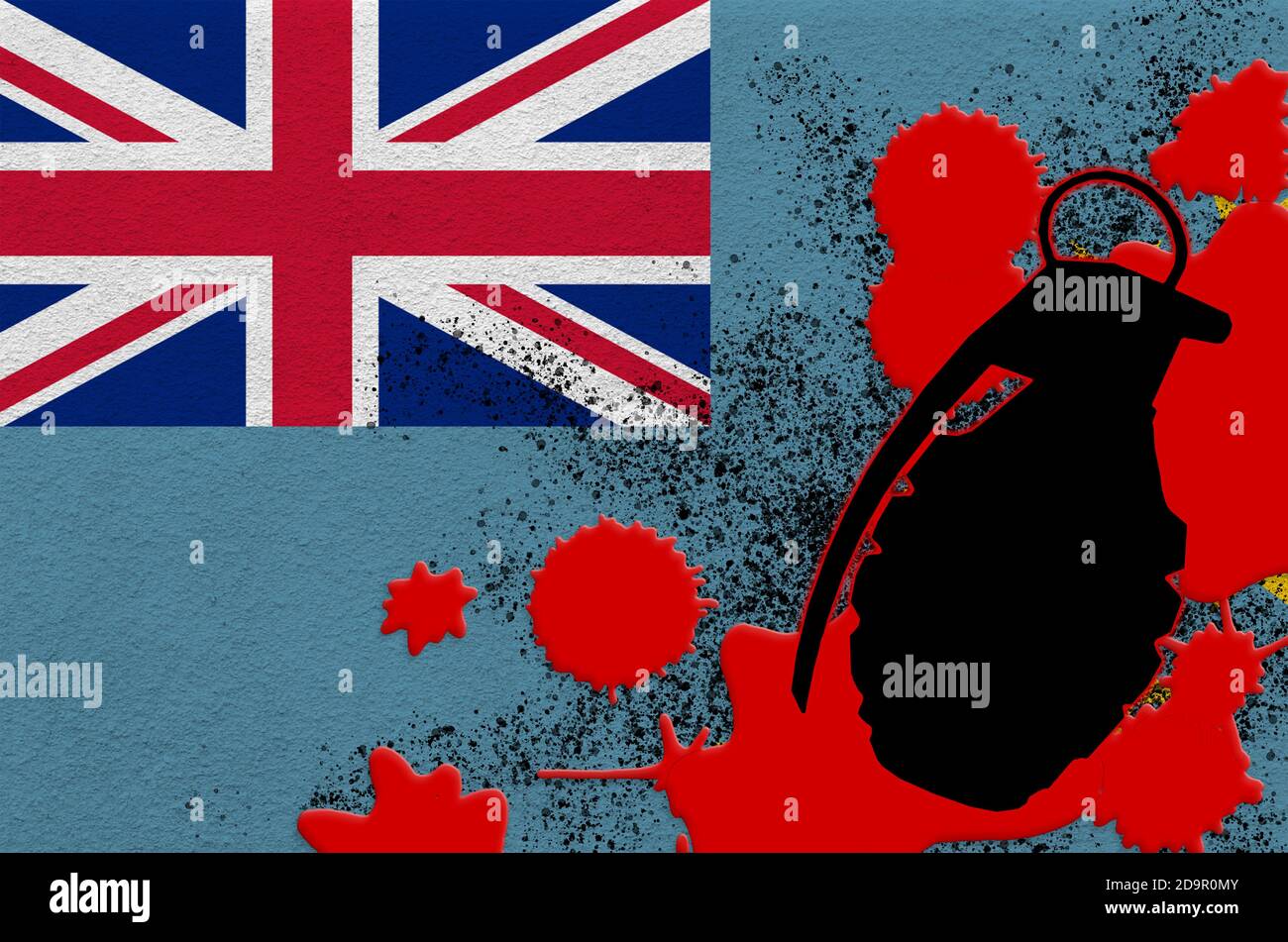 Tuvalu flag and MK2 frag grenade in red blood. Concept for terror ...