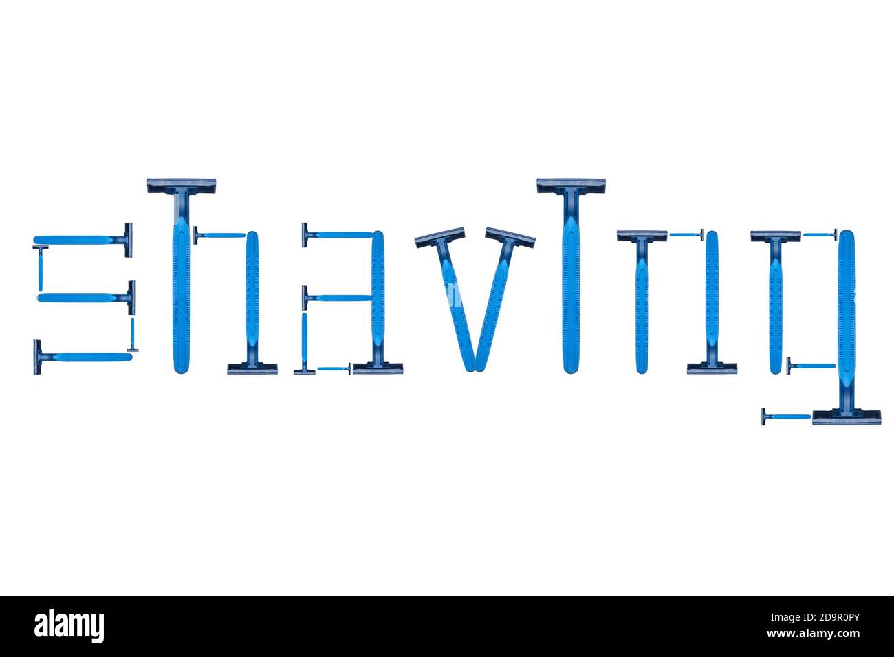 Shave word made up of blue razors on white background, isolate Stock ...