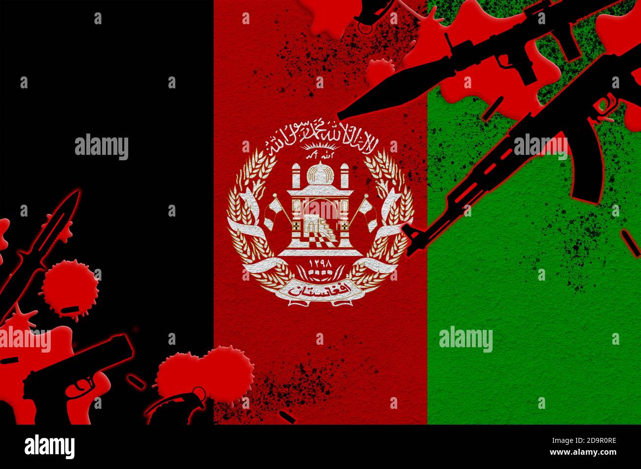 Afghanistan flag and various weapons in red blood. Concept for terror ...