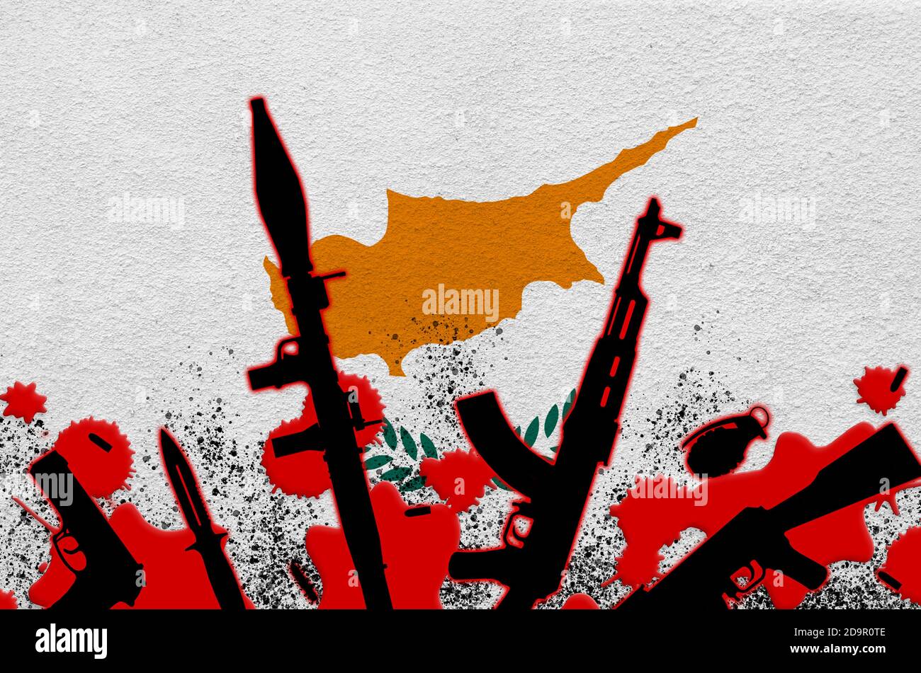 Cyprus flag and various weapons in red blood. Concept for terror attack ...