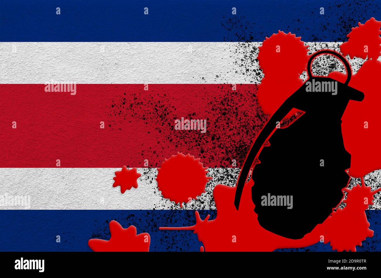 Costa Rica flag and MK2 frag grenade in red blood. Concept for terror ...
