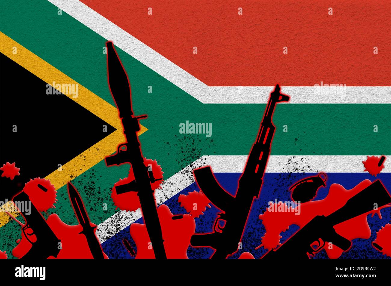 South Africa flag and various weapons in red blood. Concept for terror ...