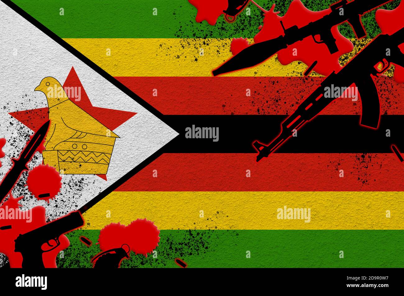 Zimbabwe flag and various weapons in red blood. Concept for terror ...