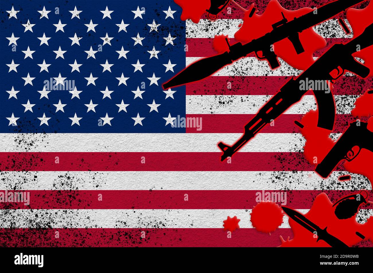 United States of America flag and various weapons in red blood. Concept ...