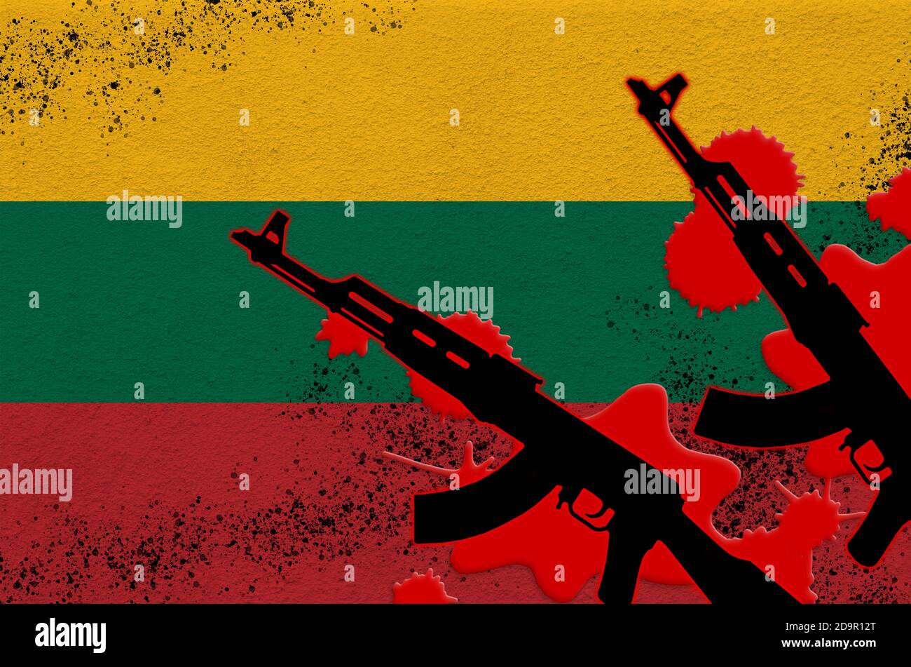 Lithuania flag and two black AK-47 rifles in red blood. Concept for ...