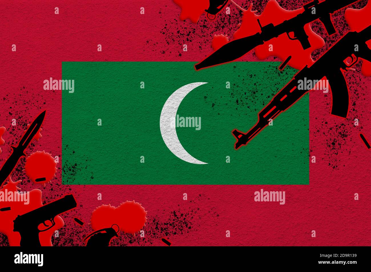 Maldives flag and various weapons in red blood. Concept for terror ...