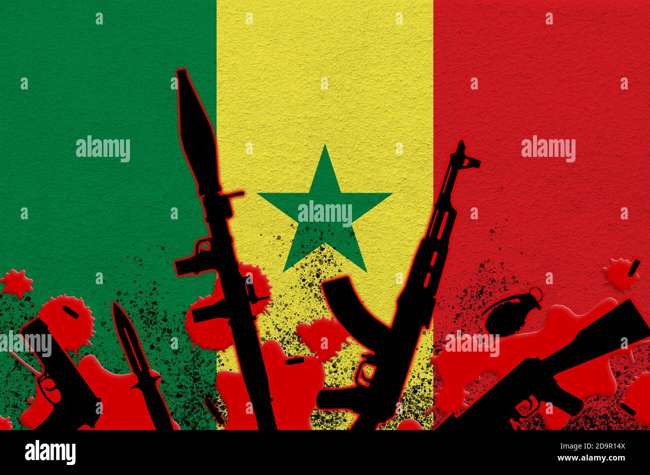 Senegal flag and various weapons in red blood. Concept for terror ...