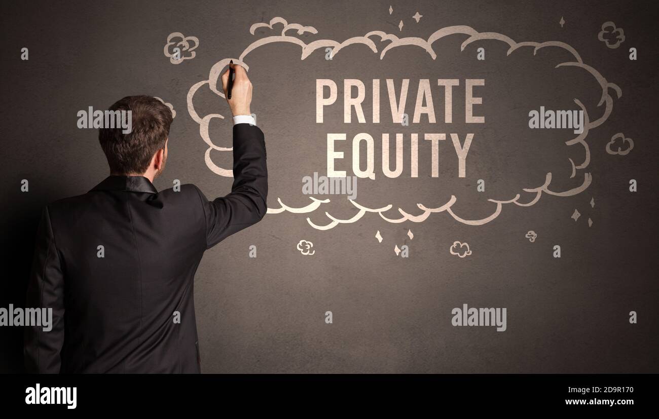 businessman drawing a cloud with PRIVATE EQUITY inscription inside ...