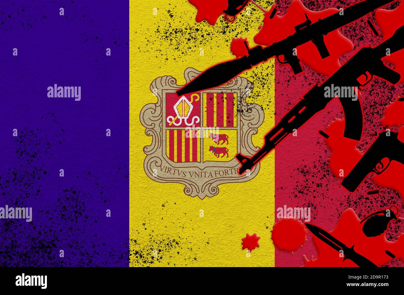 Andorra flag and various weapons in red blood. Concept for terror ...