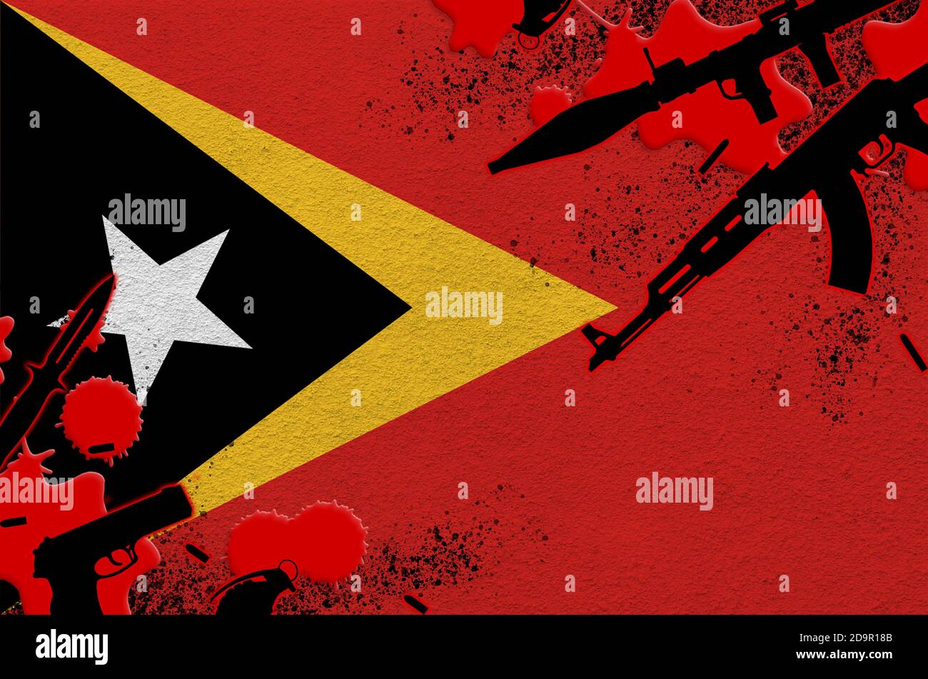 Timor Leste flag and various weapons in red blood. Concept for terror ...