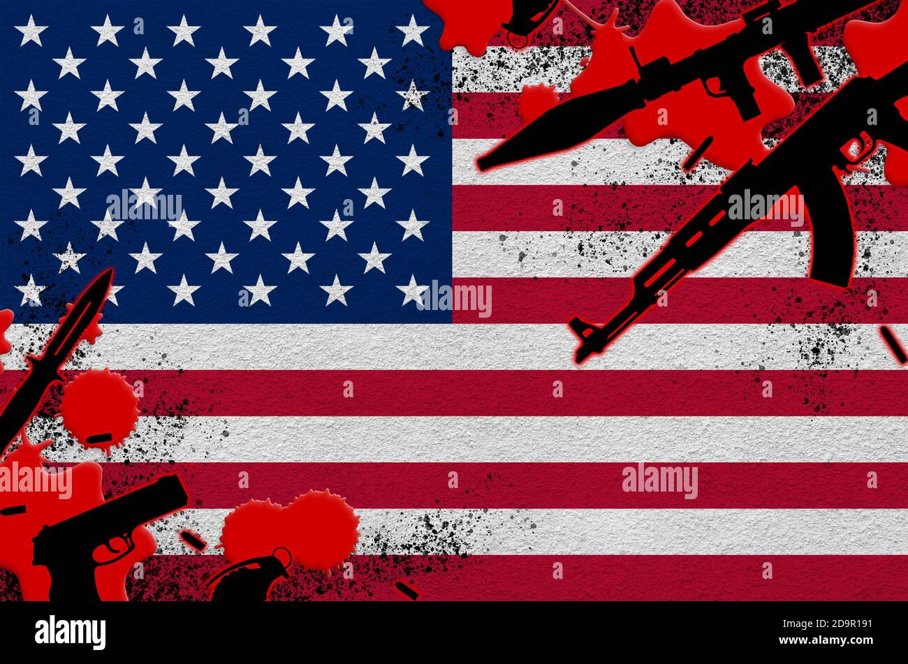 United States of America flag and various weapons in red blood. Concept ...