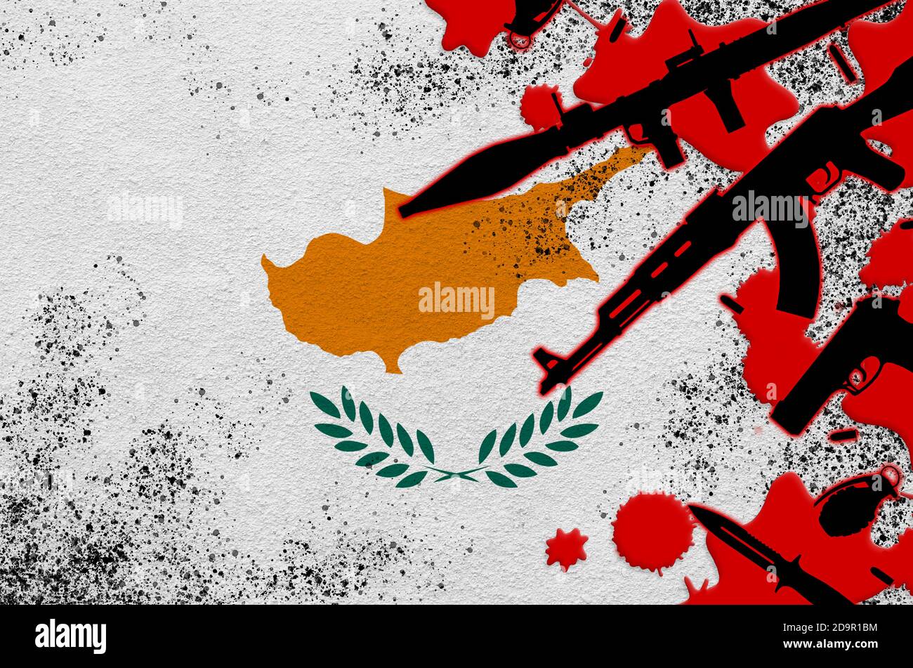 Cyprus flag and various weapons in red blood. Concept for terror attack ...
