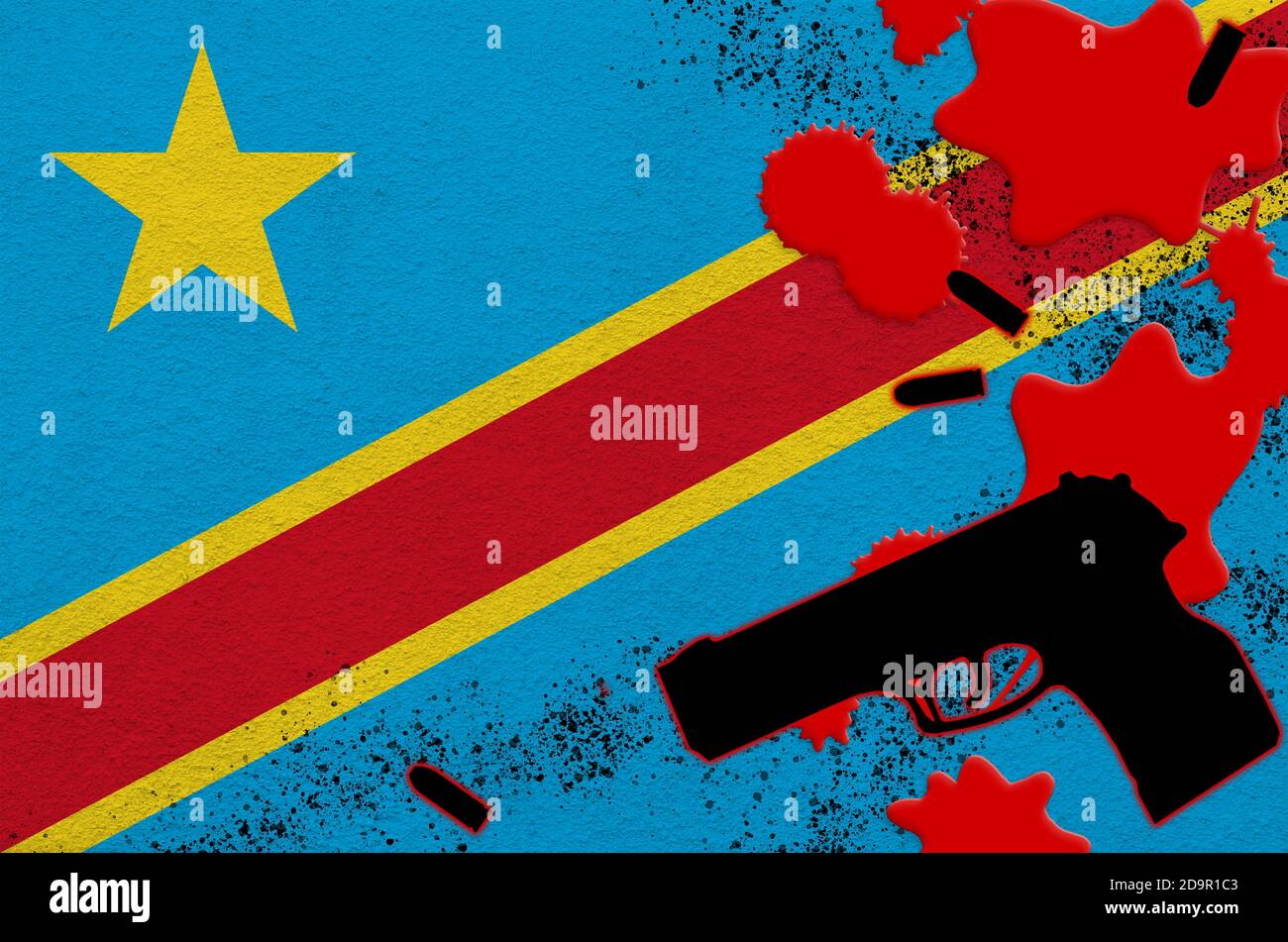 Democratic Republic of the Congo flag and black firearm in red blood ...