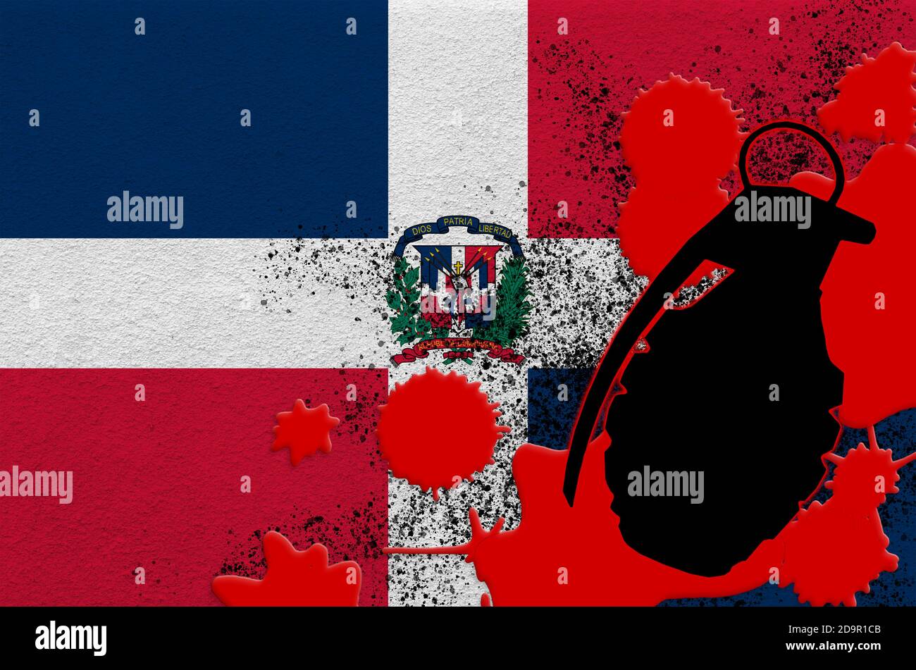 Dominican Republic flag and MK2 frag grenade in red blood. Concept for ...