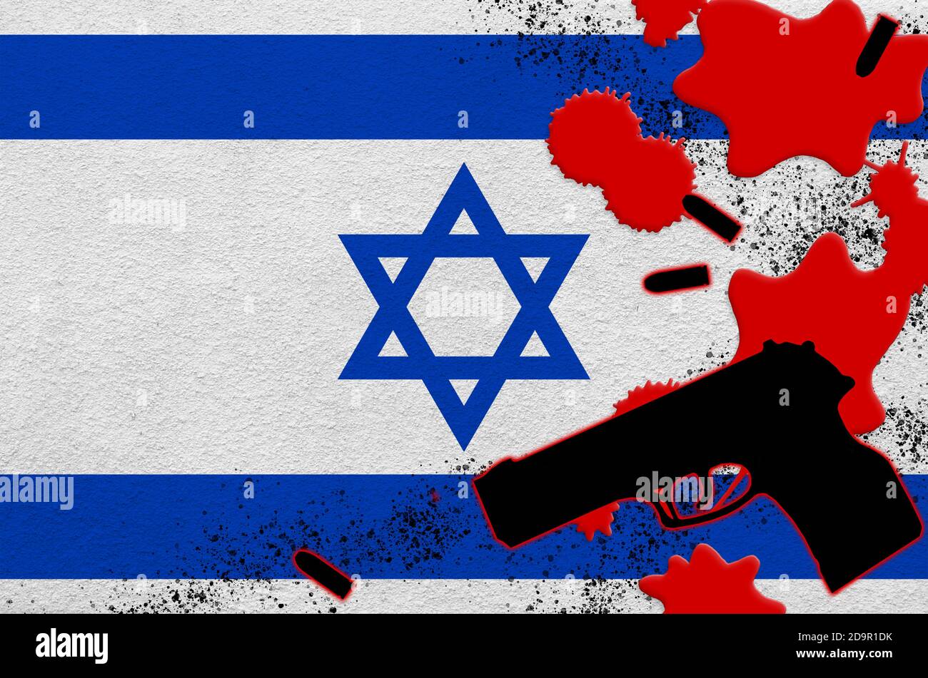 Israel flag and black firearm in red blood. Concept for terror attack ...