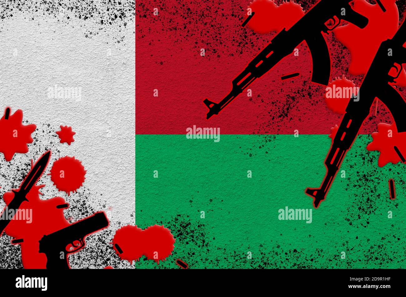 Madagascar flag and guns in red blood. Concept for terror attack and ...