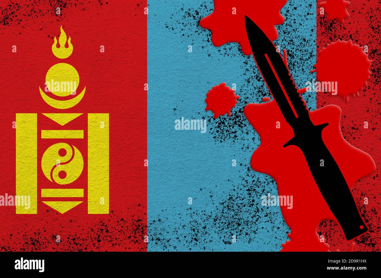 Mongolia flag and black tactical knife in red blood. Concept for terror ...