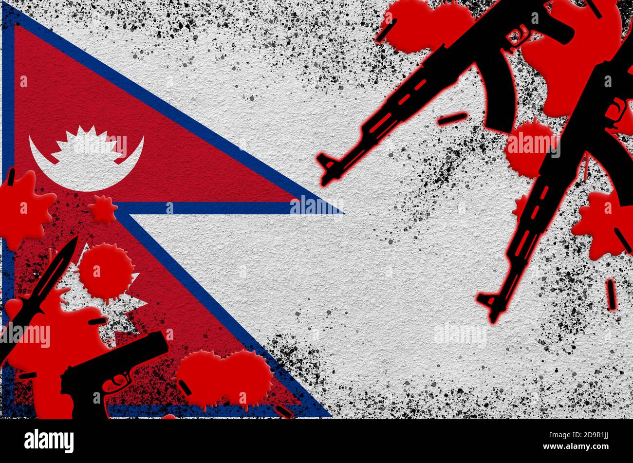 Nepal flag and guns in red blood. Concept for terror attack and ...