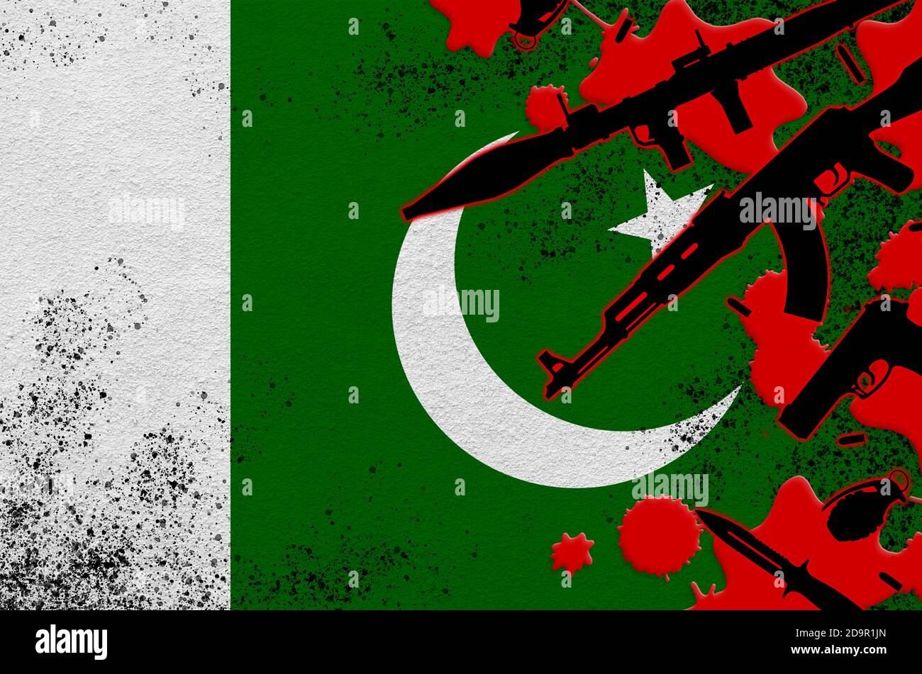 Pakistan flag and various weapons in red blood. Concept for terror ...