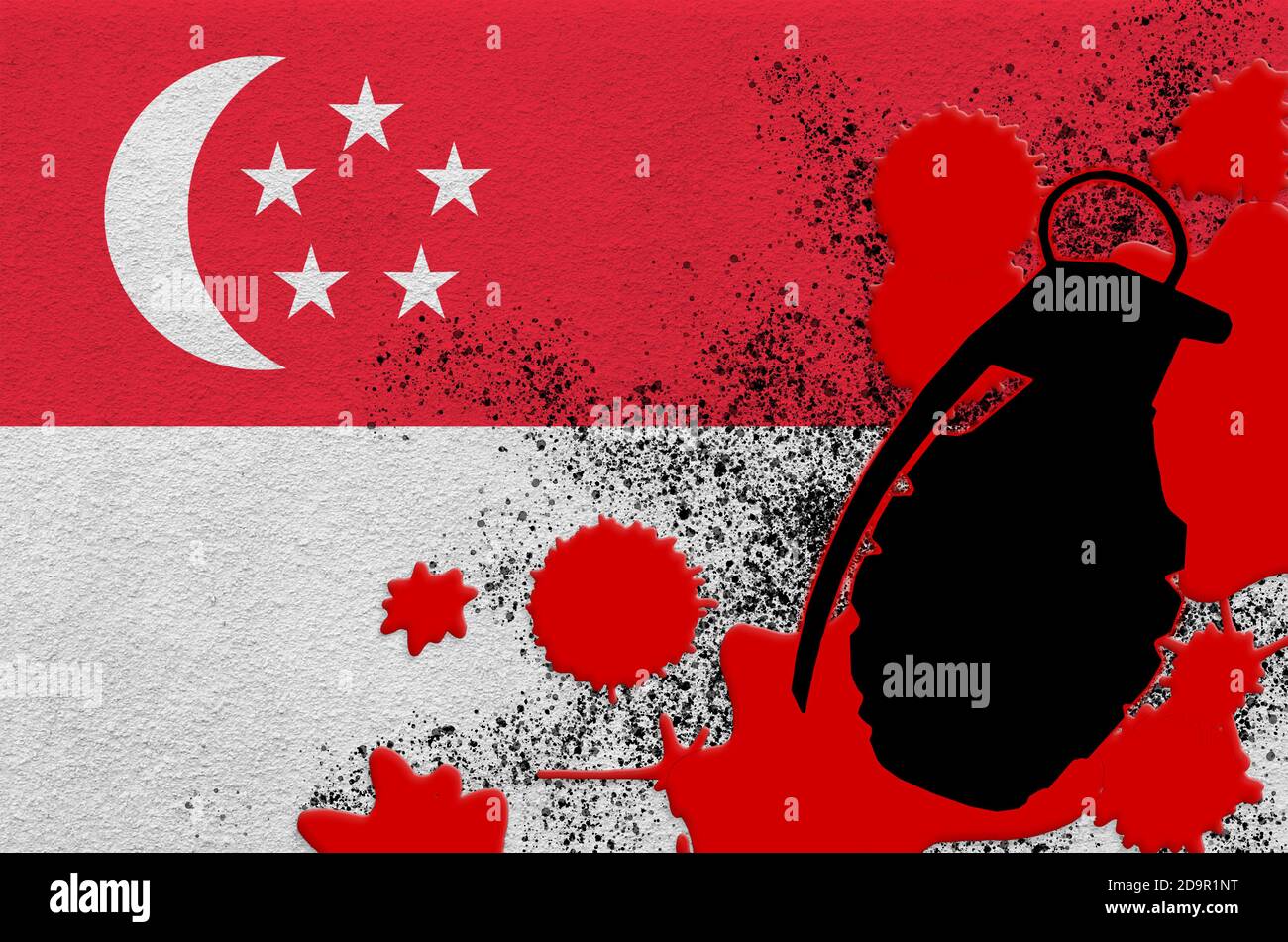 Singapore flag and MK2 frag grenade in red blood. Concept for terror ...