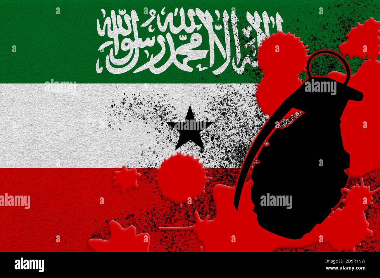 Somaliland flag and MK2 frag grenade in red blood. Concept for terror ...