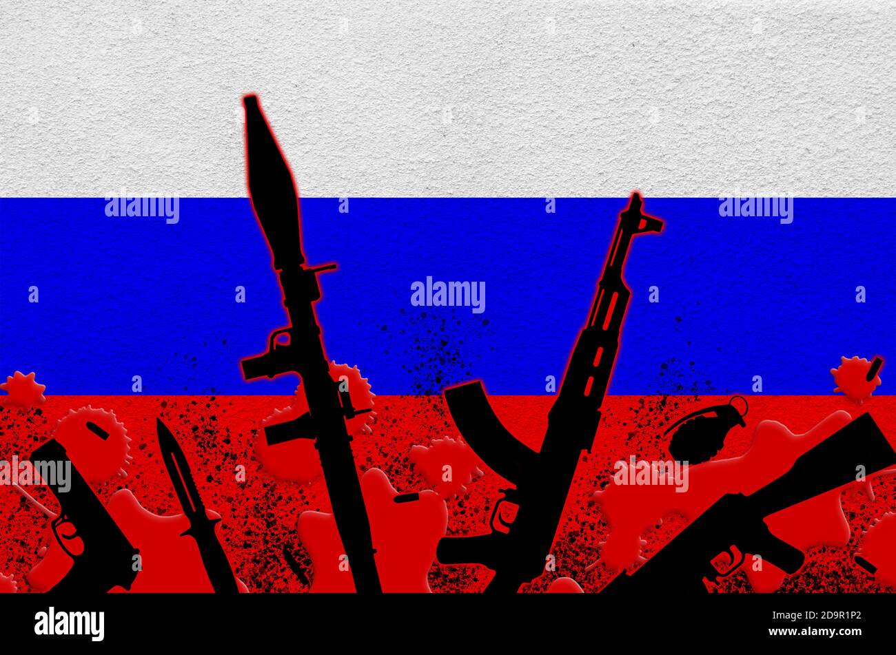 Russia flag and various weapons in red blood. Concept for terror attack ...