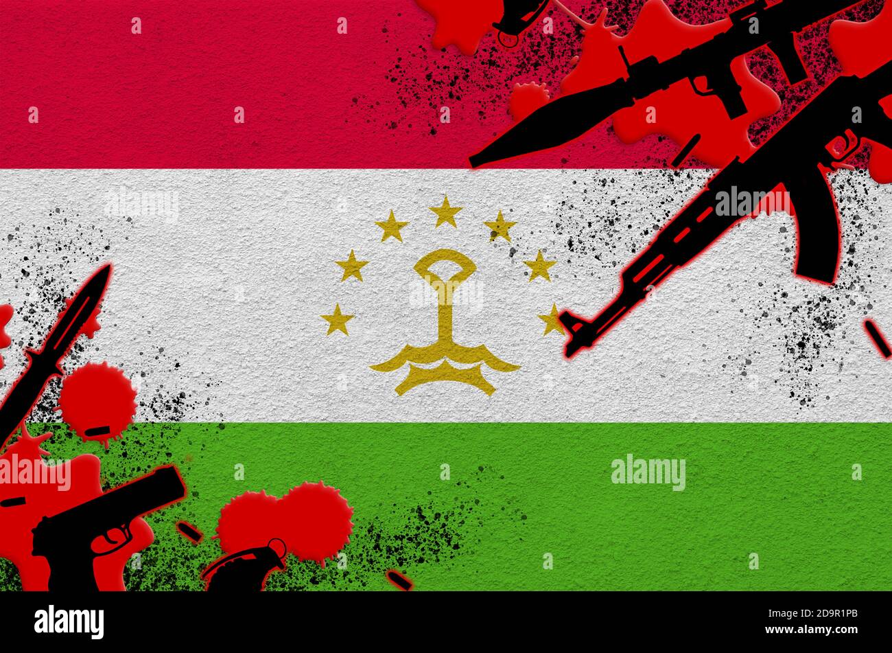 Tajikistan flag and various weapons in red blood. Concept for terror ...