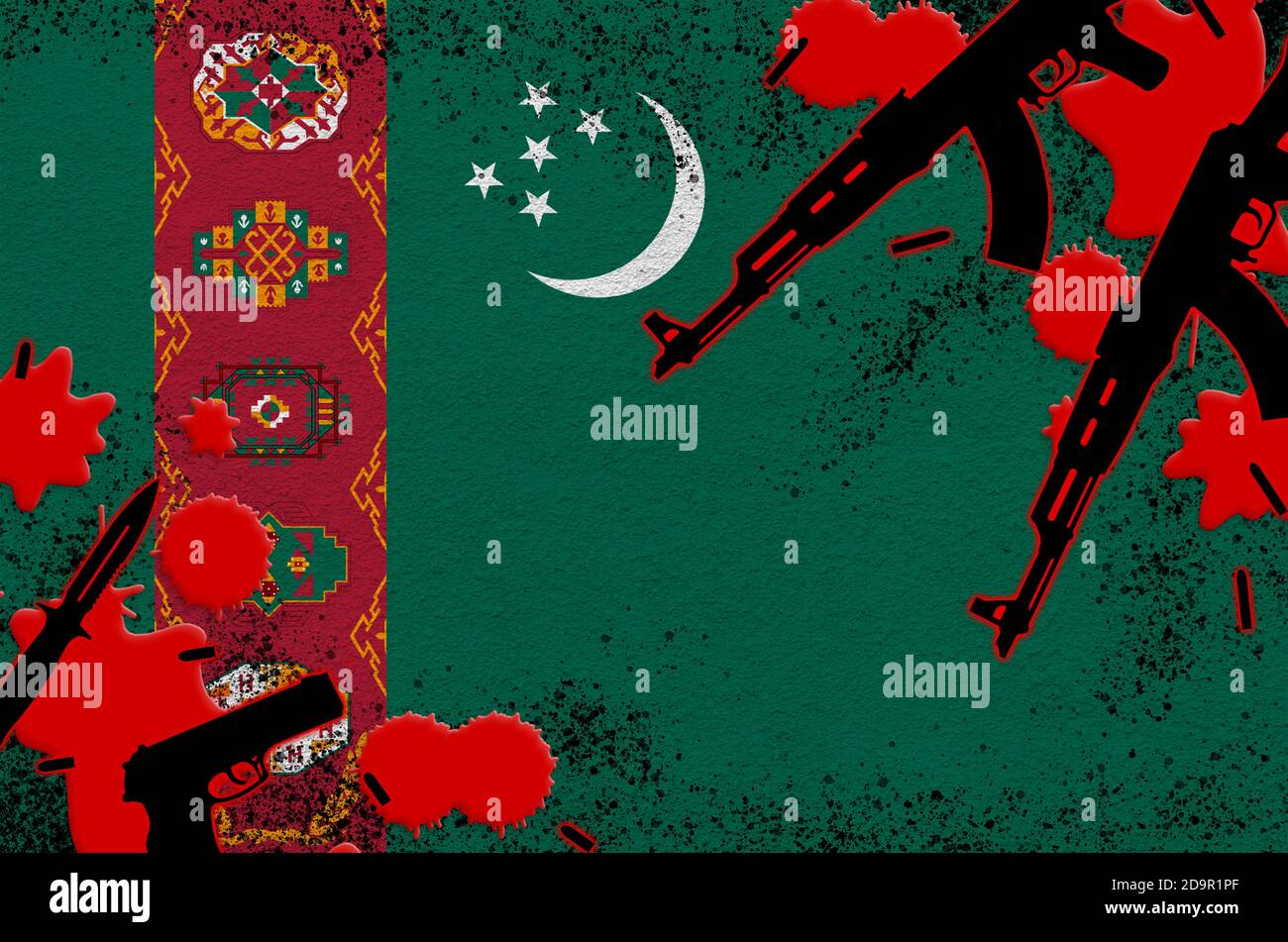 Turkmenistan flag and guns in red blood. Concept for terror attack and ...