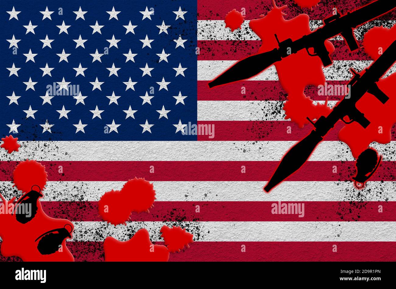 United States of America flag and rocket launchers with grenades in ...