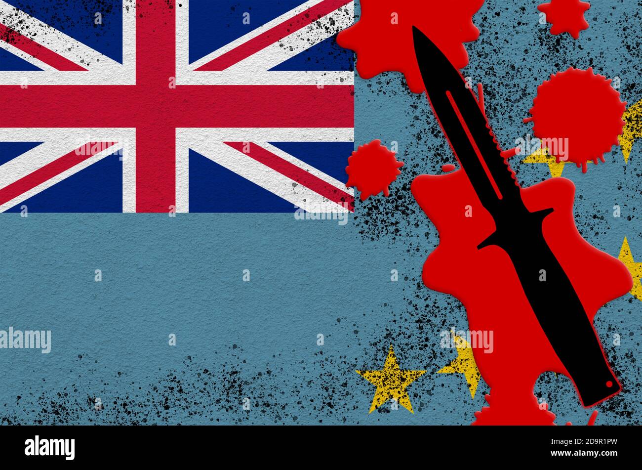 Tuvalu flag and black tactical knife in red blood. Concept for terror ...