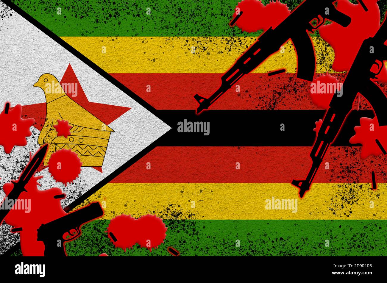 Zimbabwe flag and guns in red blood. Concept for terror attack and ...