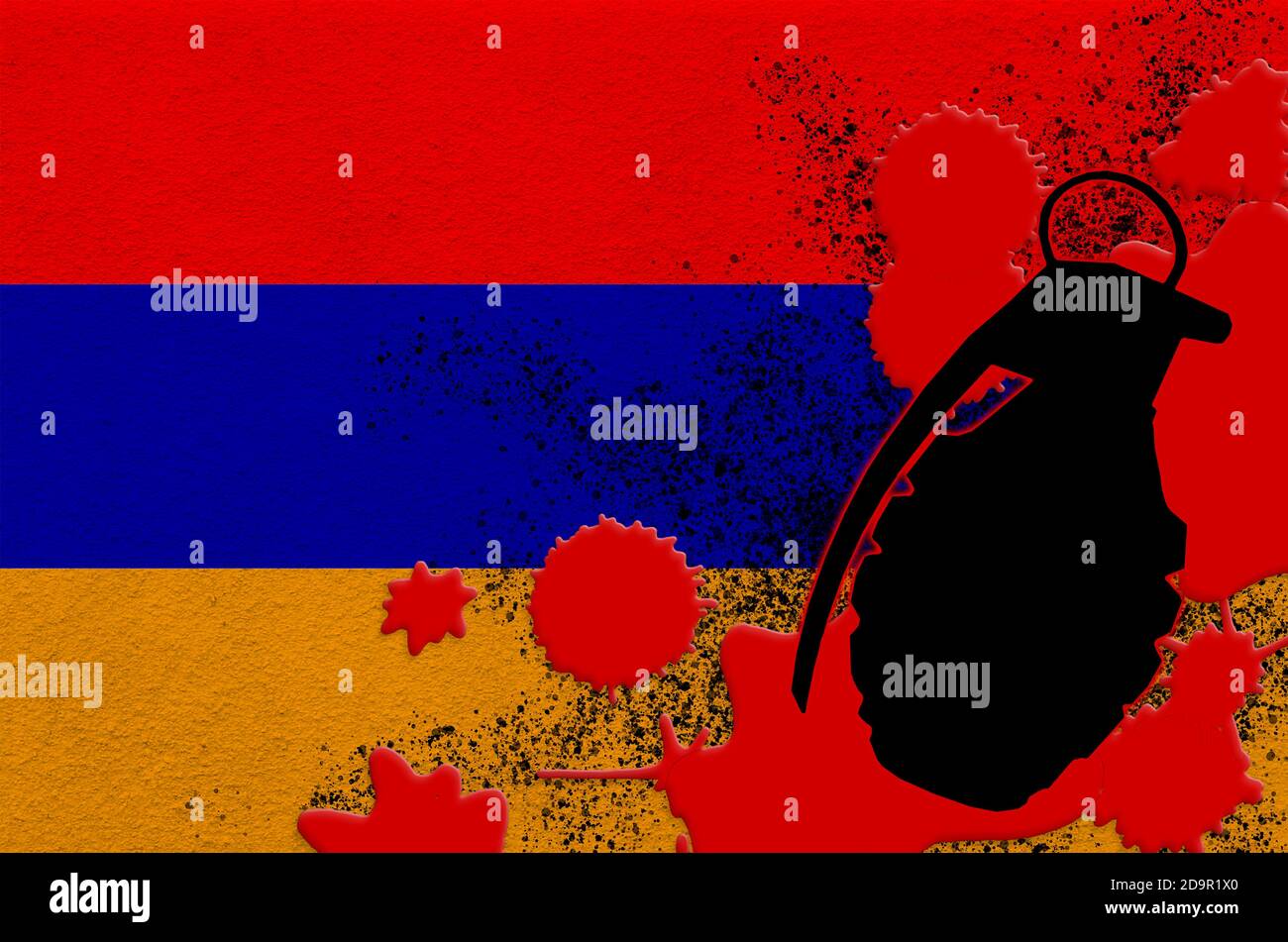 Armenia flag and MK2 frag grenade in red blood. Concept for terror ...
