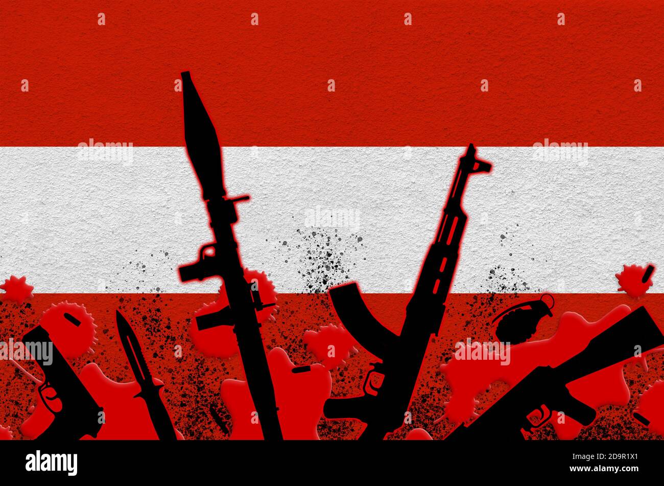 Austria flag and various weapons in red blood. Concept for terror ...