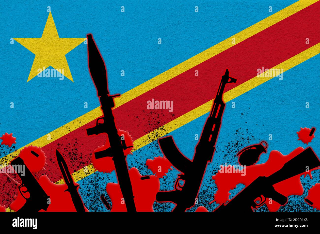 Democratic Republic of the Congo flag and various weapons in red blood ...