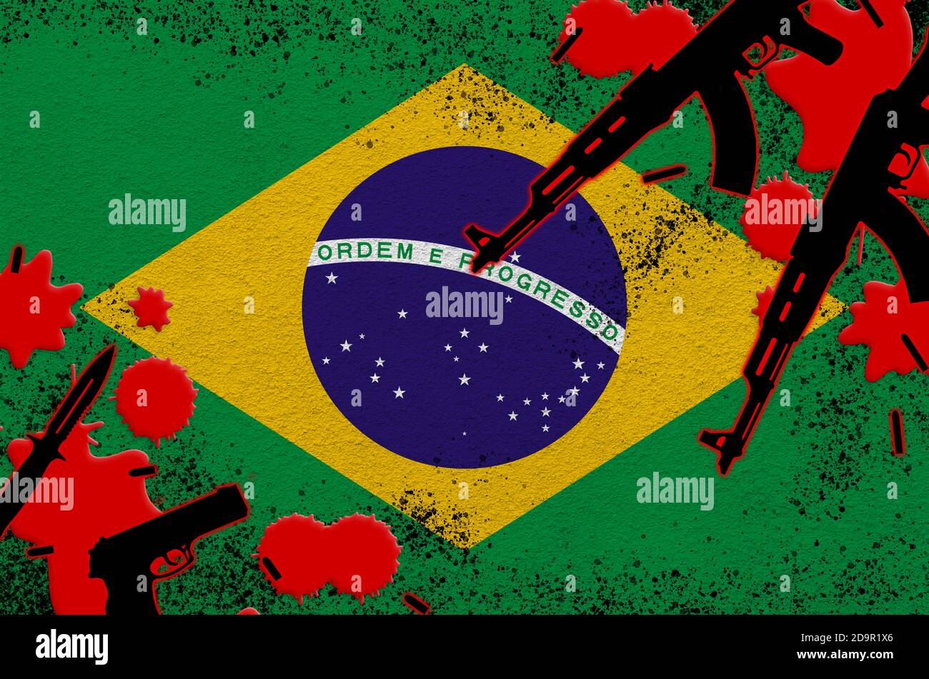 Brazil flag and guns in red blood. Concept for terror attack and ...