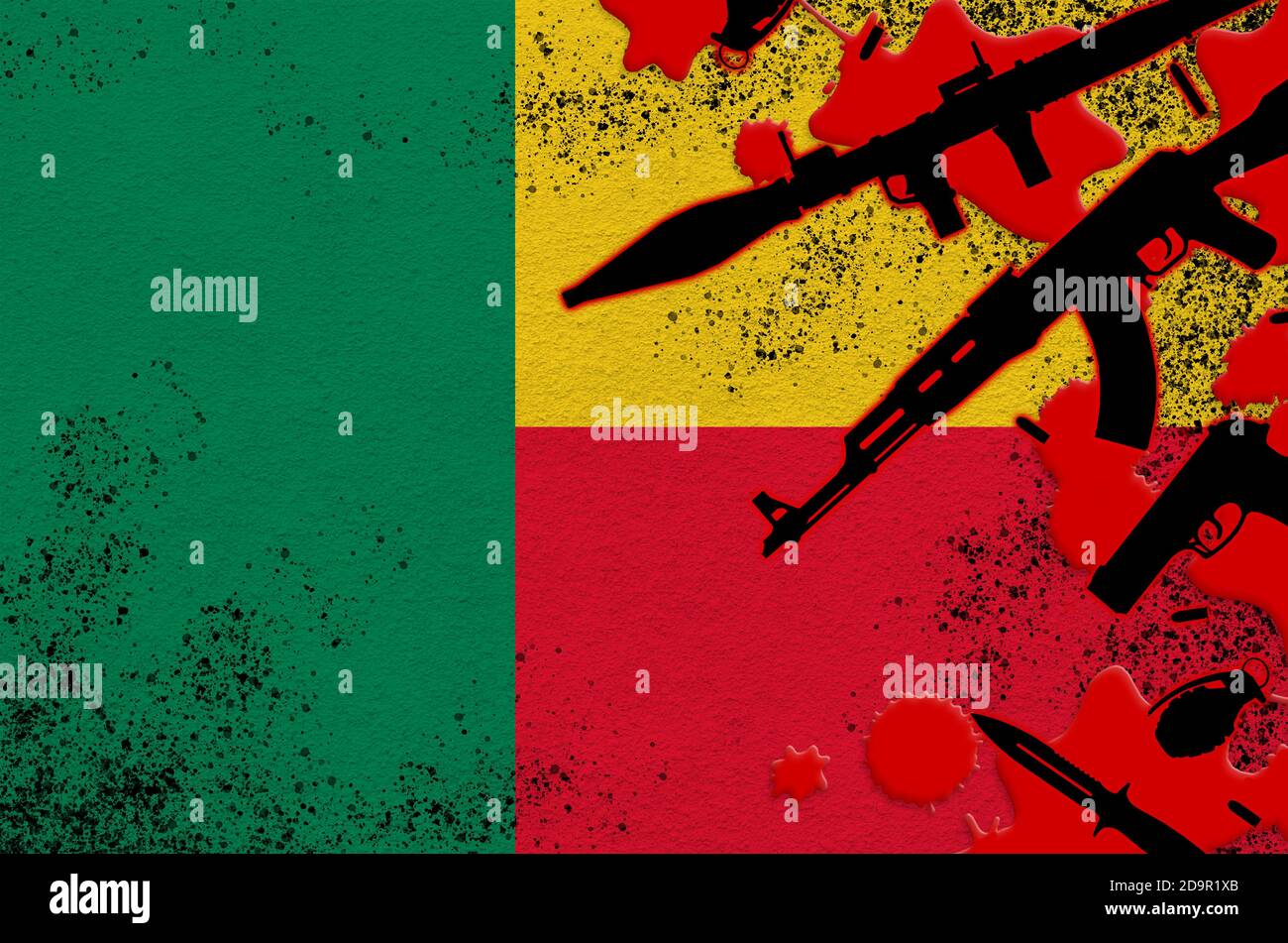 Benin flag and various weapons in red blood. Concept for terror attack ...