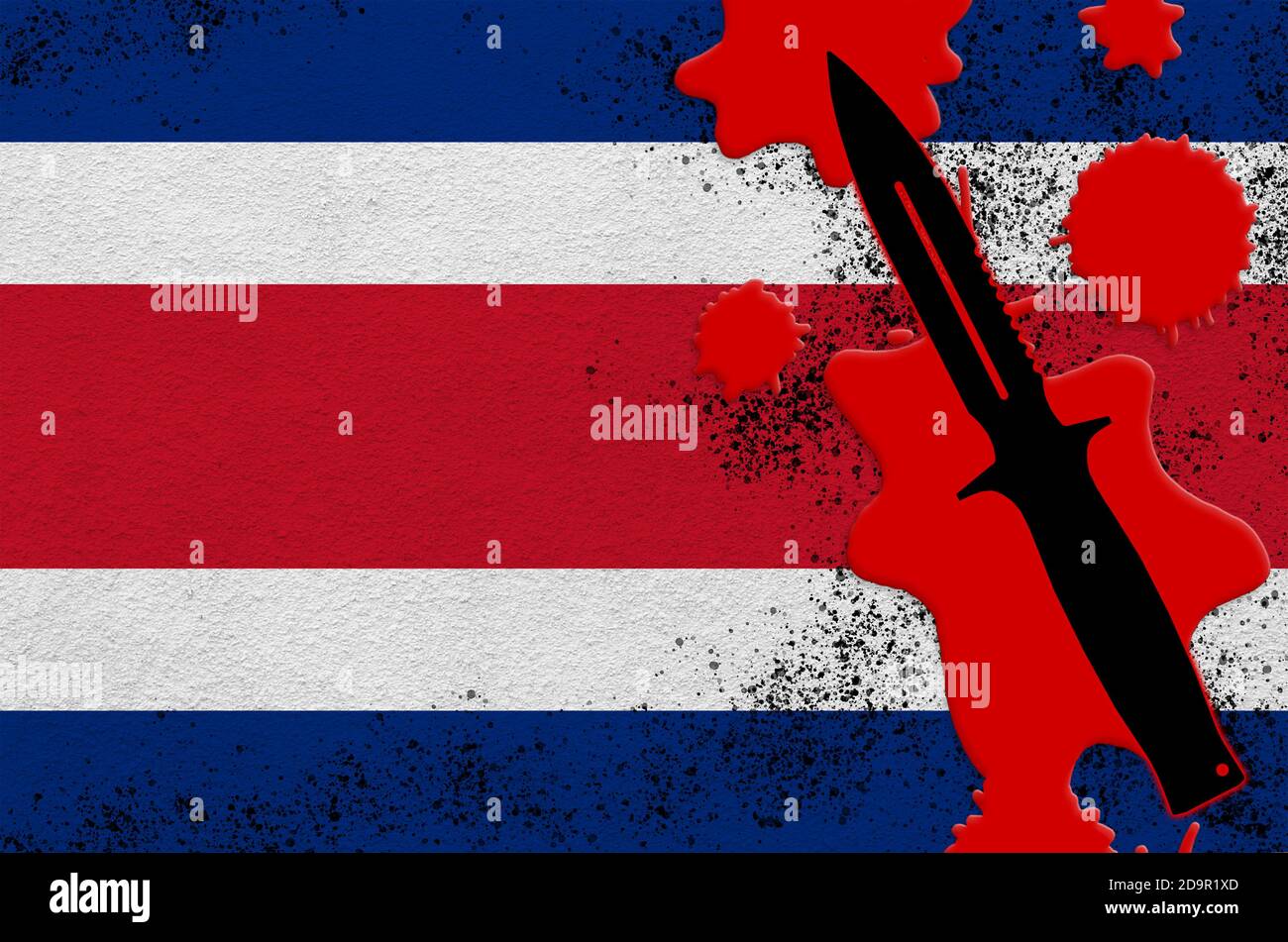 Costa Rica flag and black tactical knife in red blood. Concept for ...