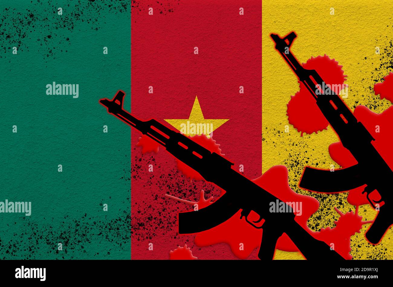 Cameroon flag and two black AK-47 rifles in red blood. Concept for ...
