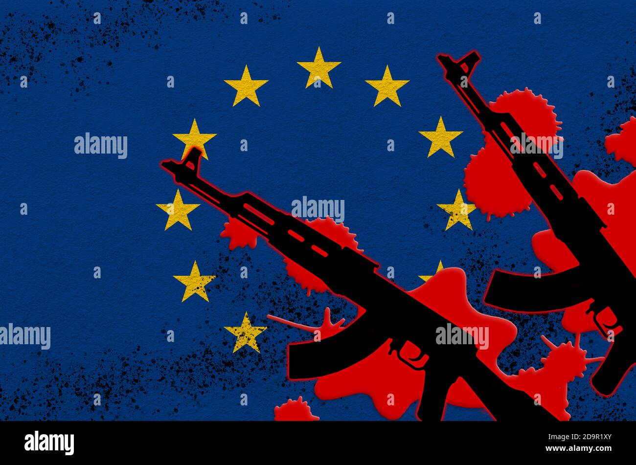 European union flag and two black AK-47 rifles in red blood. Concept ...