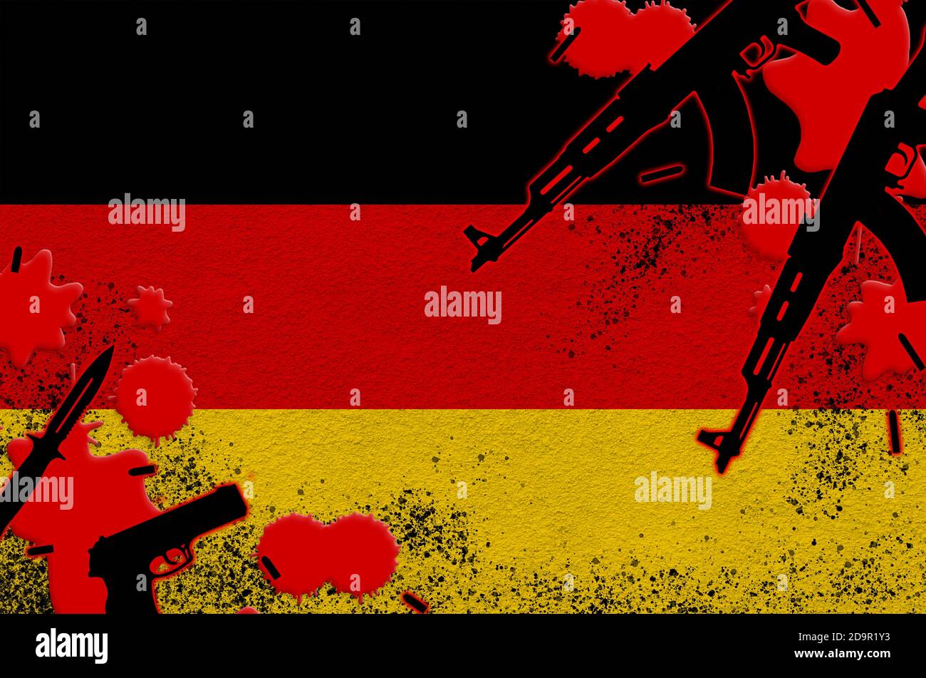 Germany flag and guns in red blood. Concept for terror attack and ...