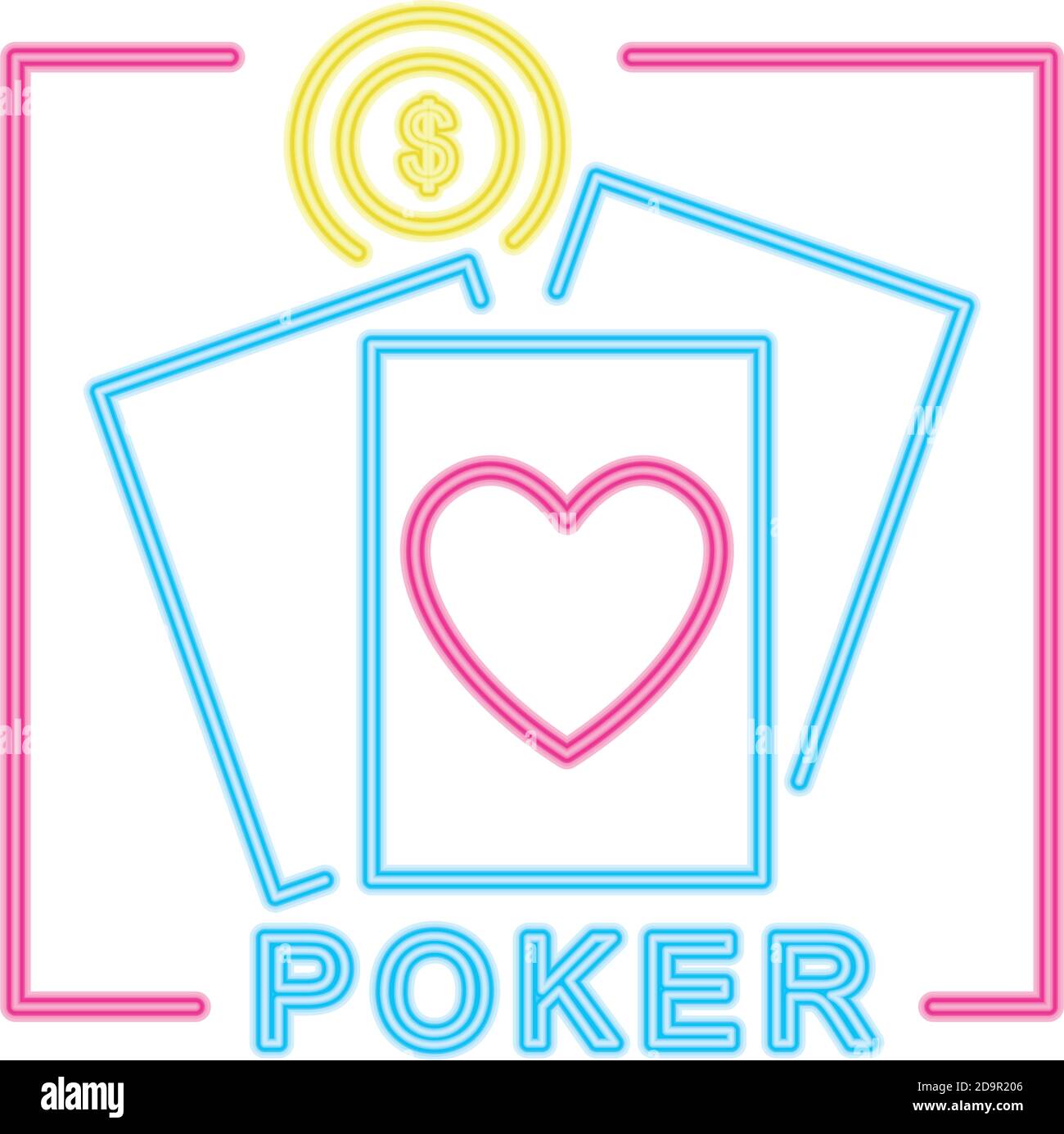 poker neon sign with gambling cards and money coin icon over white ...