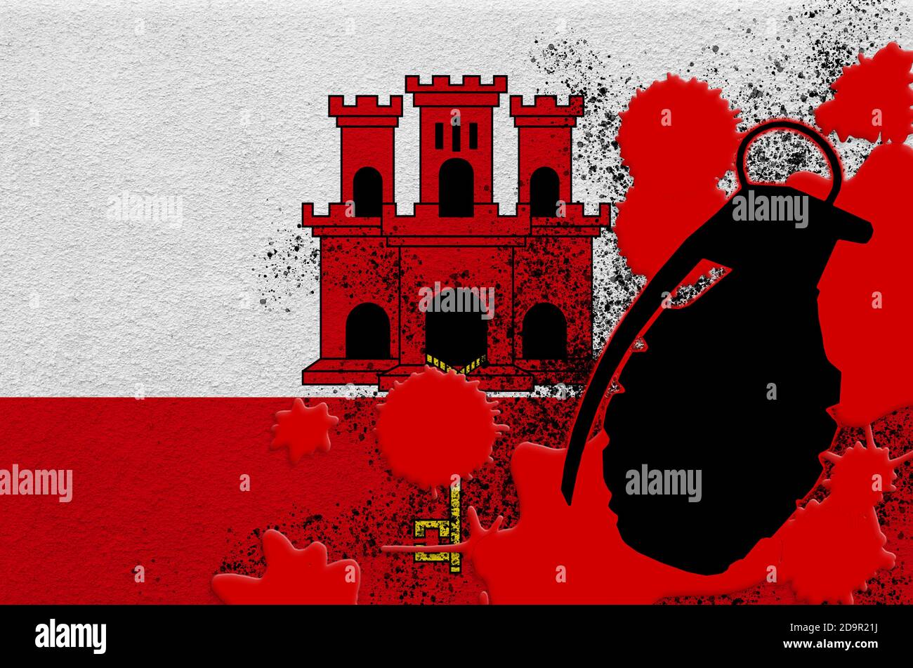 Giblartar flag and MK2 frag grenade in red blood. Concept for terror ...