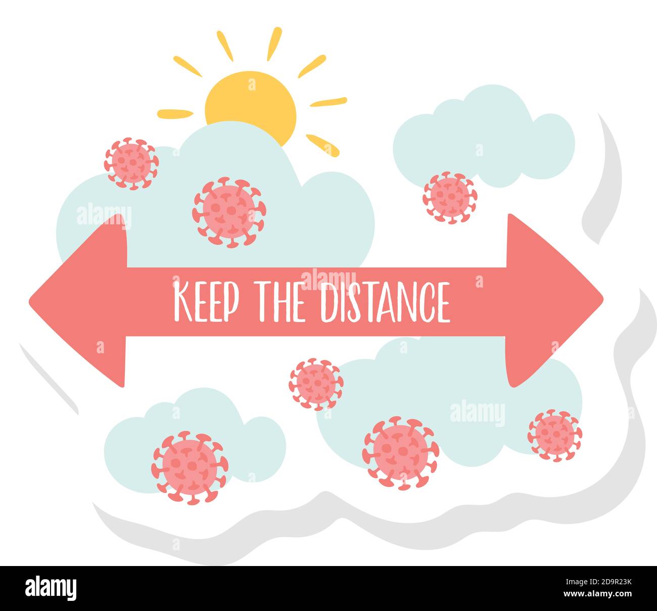 keep the distance lettering campaign with arrow and covid19 particles ...