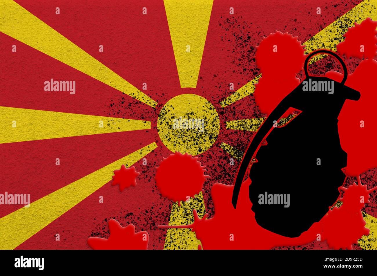 Macedonia flag and MK2 frag grenade in red blood. Concept for terror ...