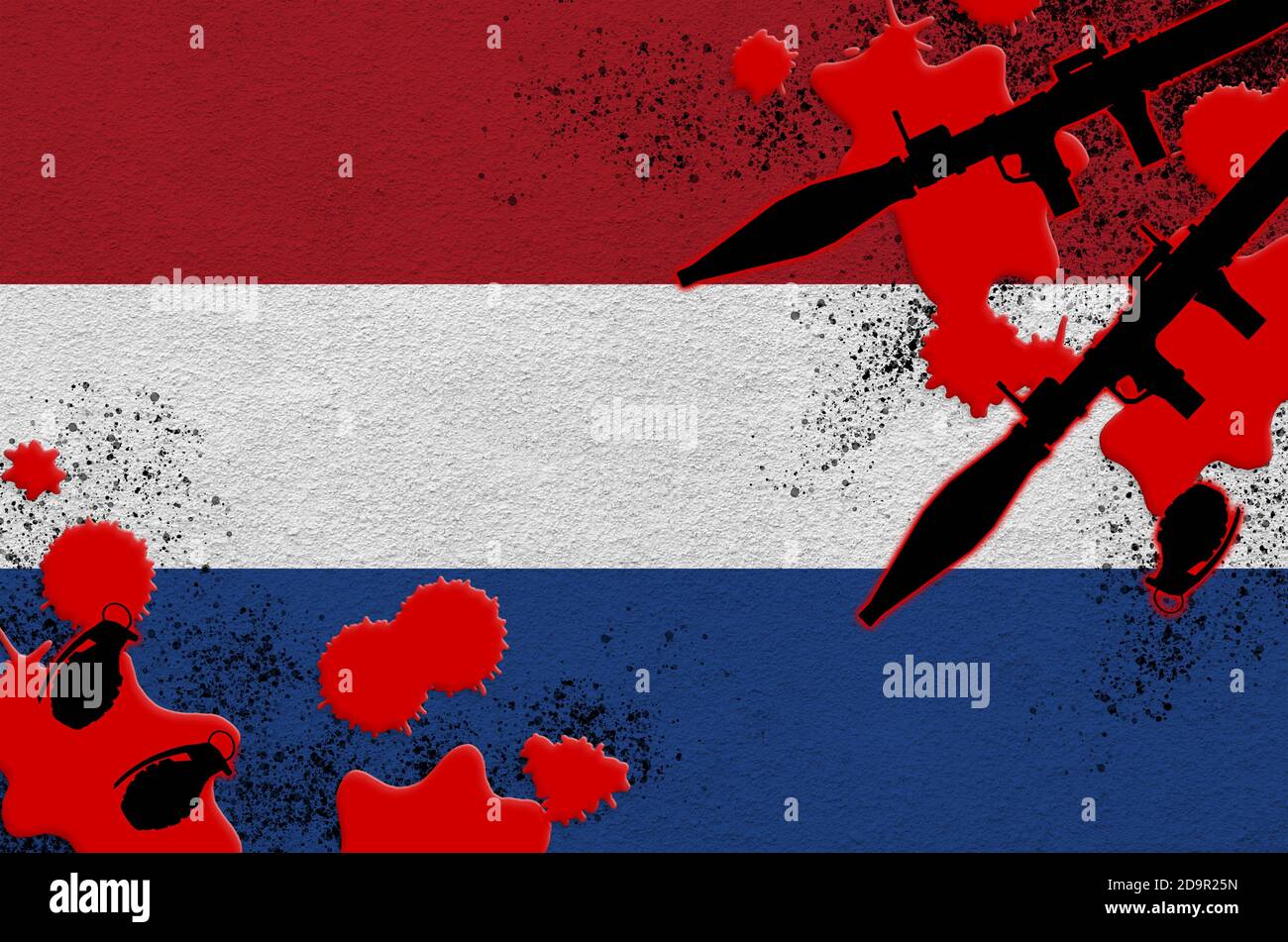 Netherlands flag and rocket launchers with grenades in blood. Concept ...