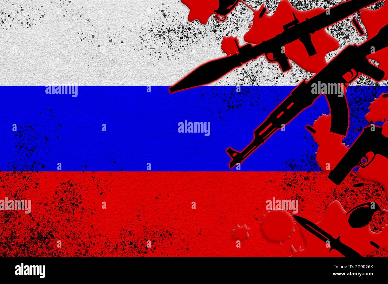 Russia flag and various weapons in red blood. Concept for terror attack ...